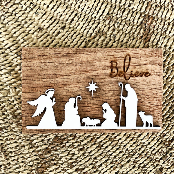 Believe Nativity Scene Mini Barnwood Magnet made with Authentic Barn W ...